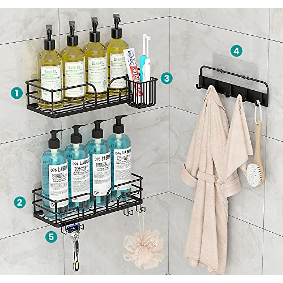 EZFurni Set of 4 Adhesive Shower Caddy, Rustproof Stainless Steel Bathroom Shower Organizer & Towel Holder Included, Solid Shower Shelves for Inside Shower,Roomy Shower Rack, Not Slide Down, Black