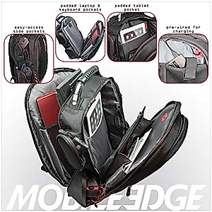 Core Gaming Laptop Backpack From Mobile Edge Core Gaming, 17.3 Inch, External USB 3.0 Quick-Charge Port w/Built-in Charging Cable, Patch Panel - Black w/Red Trim - MECGBPV1
