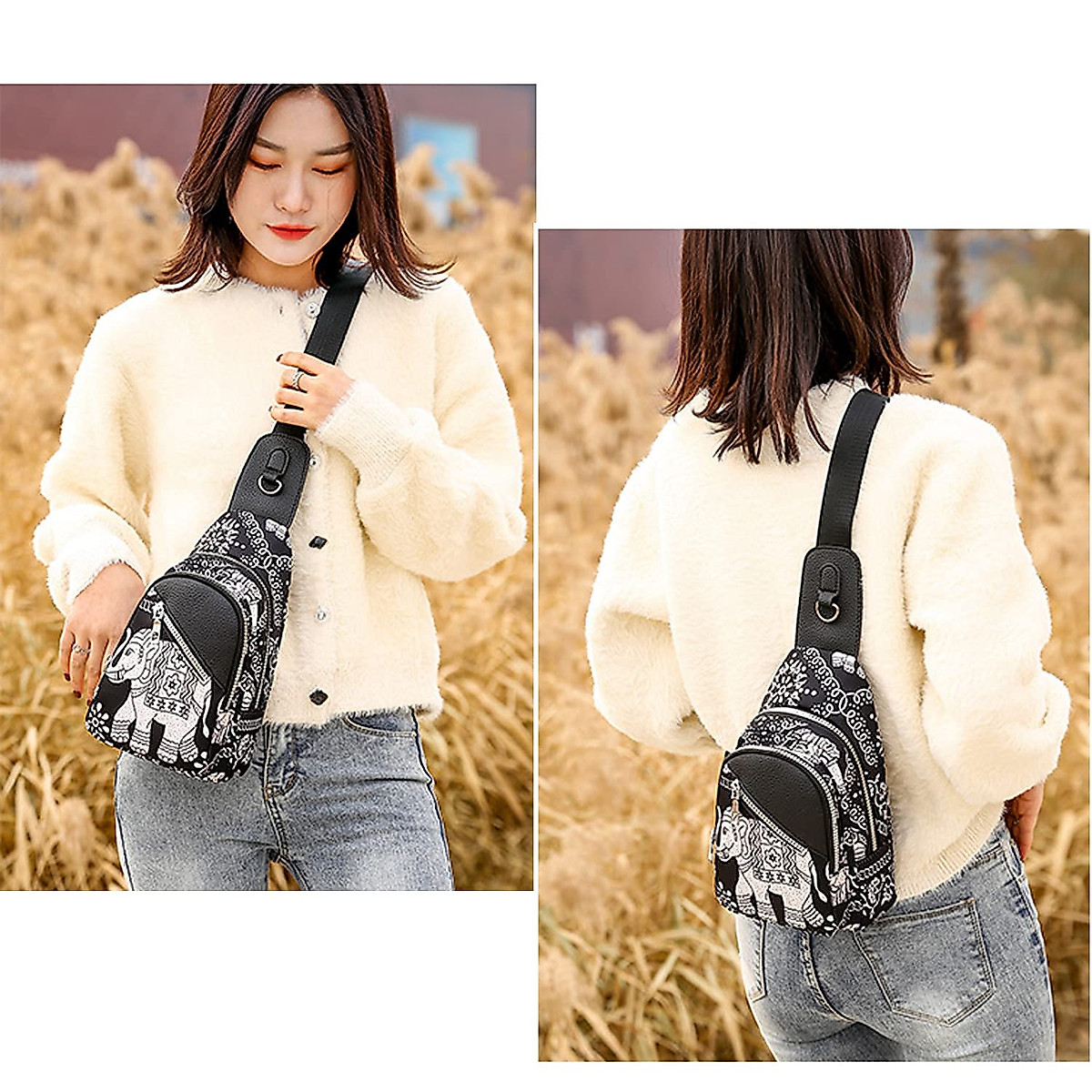 RTGGSEL Boho Ethnic Women's Waterproof Oxford Sling Shoulder Bags Girls Travel Crossbody Chest Bag Ladies Fishing Hiking Daypack (Boho Elephant)