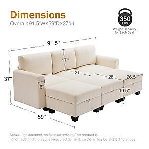 ABCASA Modular Sectional Sofa with Storage Chaises,Modular Sleeper Sofa Couch 6 Seat Sectional Sofa Bed Couch for Living Room,Apartment,Corduroy,Ivory