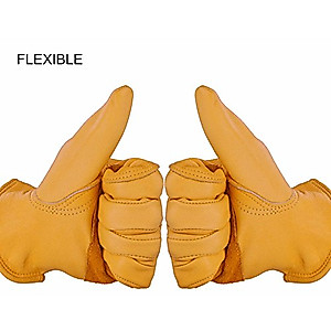 OZERO Leather Work Gloves Flex Grip Stretchable Tough Cowhide Work Gloves 1 Pair (Gold, Medium)