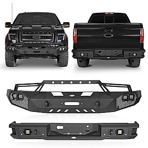 Hooke Road F150 Steel Black Front Bumper w/Winch Plate + Rear Bumper for 2009-2014 Ford F-150 (Exclude Raptor & Flareside) Pickup Truck