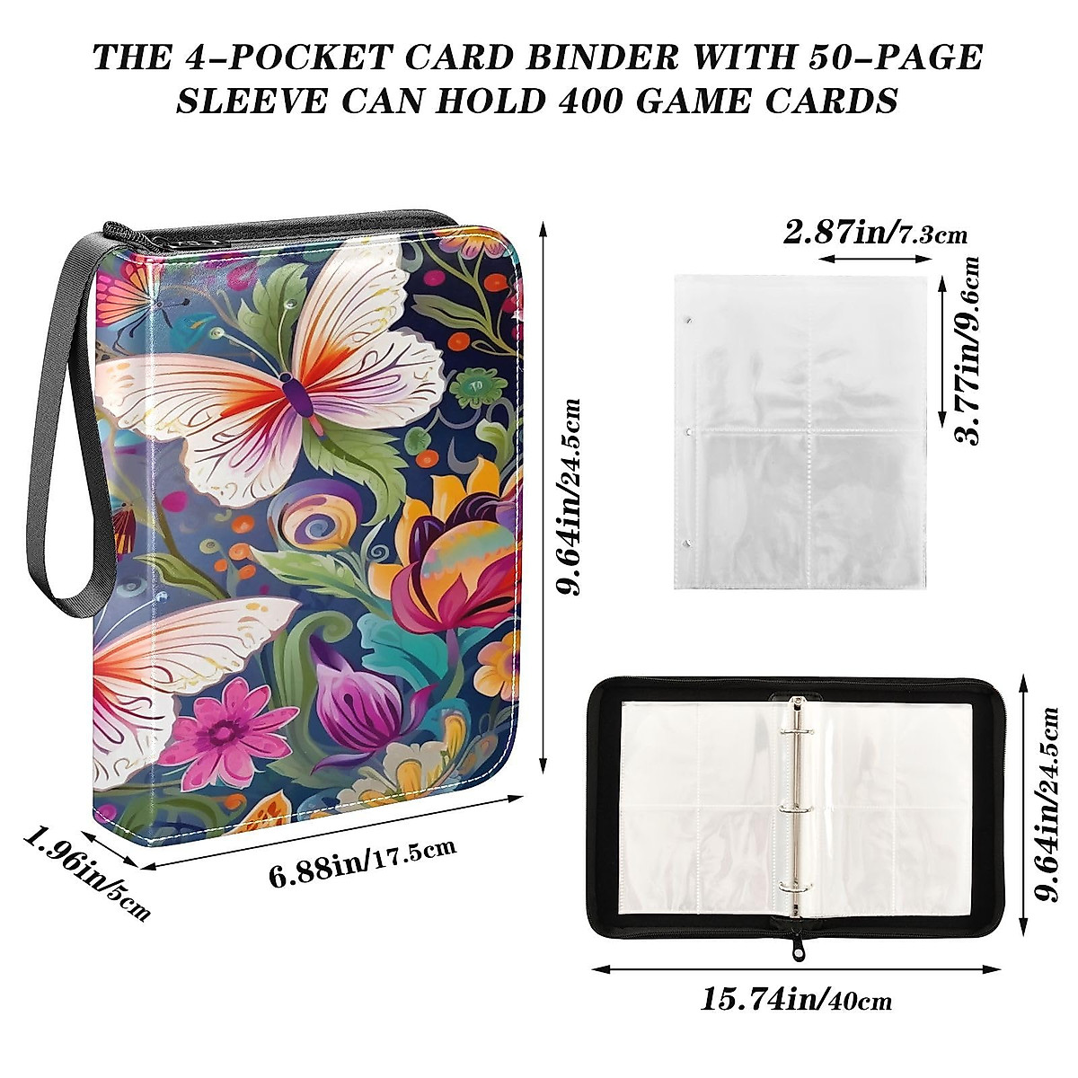 PYBUG Butterfly Trading Card Binder with Nylon Strap 4-Pocket Waterproof PU Leather Card Collection Binder for 400 Cards Sturdy Card Holder Folders for Game Cards,Sports Cards