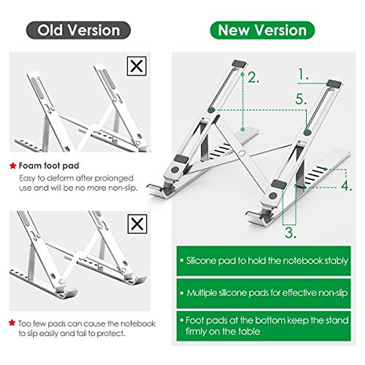 licheers Laptop Stand for Desk, Adjustable Ergonomic Portable Aluminum Laptop Holder, Foldable Computer Stand 7 Angles Anti-Slip Laptop Riser Compatible with 9-15.6 inch Laptops, Silver