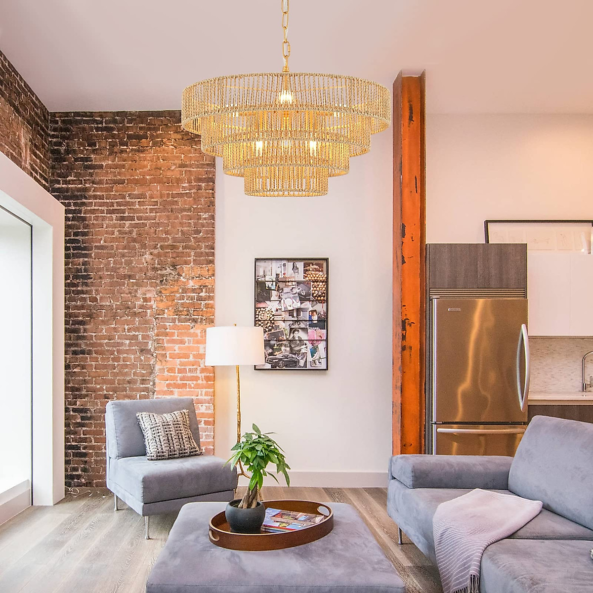 ELYCCUPA 6-Lights Hand-Woven Rattan Pendant Light 4 Round Transitional Minimalist Boho Large Pendant Light for Kitchen Island Dining Room Living Room Hallway, Dia 20 Inch, UL Listed