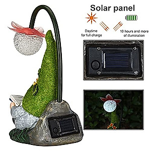 E.SUN CRAFT, Solar Garden Gnome Resin Gnomes Figurine Reading Book with a Solar Powered LED Flower Light Outdoor Summer Autumn Decorations for Patio Yard Lawn Porch Pond Green Hat