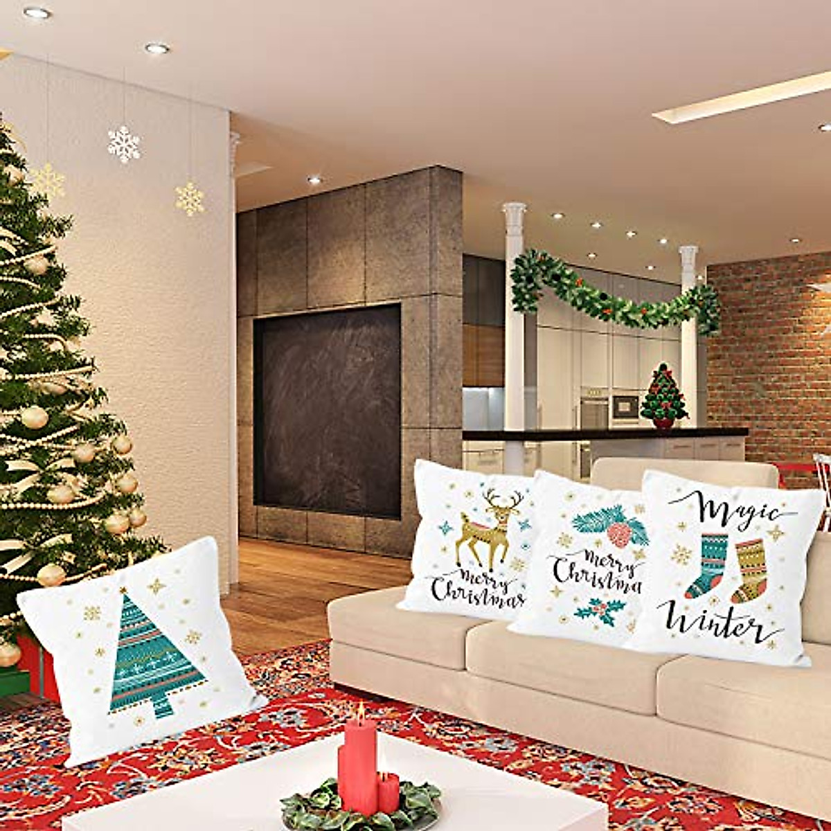 Scceatti Christmas Throw Pillow Covers 4 Pack 18x18 in Cotton Farmhouse Pillow Cover with Zipper Deer Reindeer Aesthetic Theme Fashion Pillow Cases Protector for Couch Bed Living Room Decor Gifts