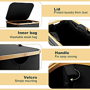 Bellzacasa Laundry Hamper with Lid, Black 100L Large Washing Basket for Laundry with Handles Laundry Basket for Bedroom Bamboo Bathroom Bin