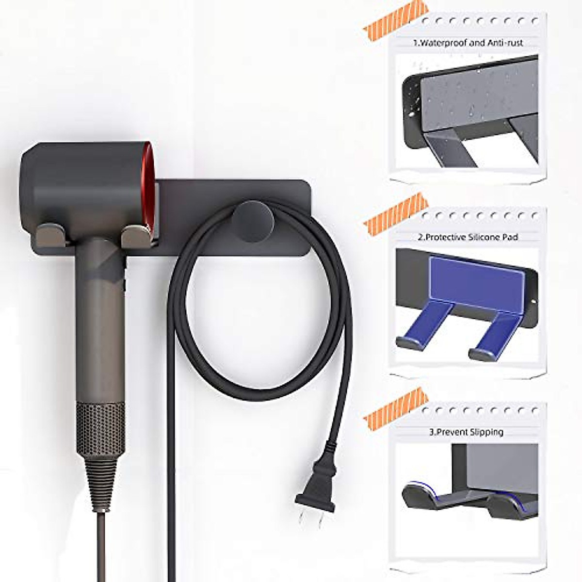 FLE Hair Dryer Holder Wall Mounted, New Upgrade Stainless Steel Self Adhesive Blow Dryer Holder Rack for Dyson Supersonic Hair Dryer,Black