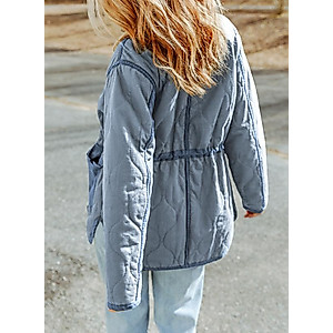 Dokotoo Womens Jackets Lightweight Trendy Zipper Long Sleeve Slit Contrast Color Block Quilted Bomber Puffer Down Jacket Fashion Casual Winter Coats for Women with Pockets Clothes Outfit Blue Medium