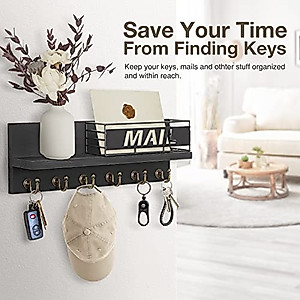 rorecay Key and Mail Holder for Wall: Easy Install Rustic Key Hooks for Wall with Measured Template, Wooden Key Rack with Metal Mail Slot for House Entryway Decor, Black