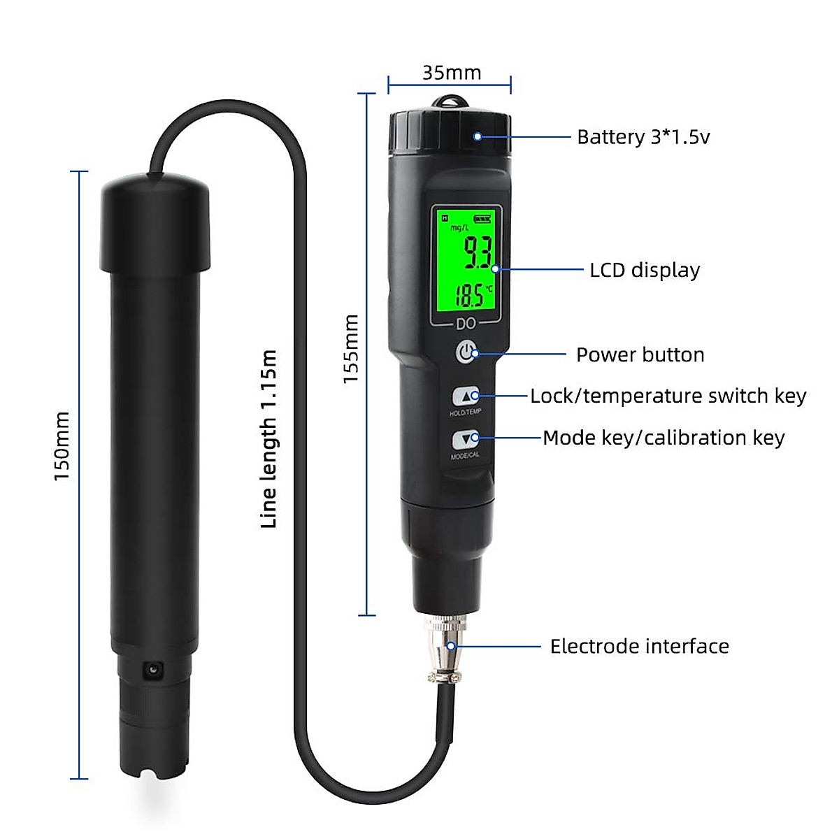 Dissolved Oxygen Meter with ATC,0-40.00 mg/L Measurement Range,Dissolved Oxygen Test Kit for Pond Aquarium Aquaculture and Water Fish Tank,DO Meter with Electrode Filling Fluid.