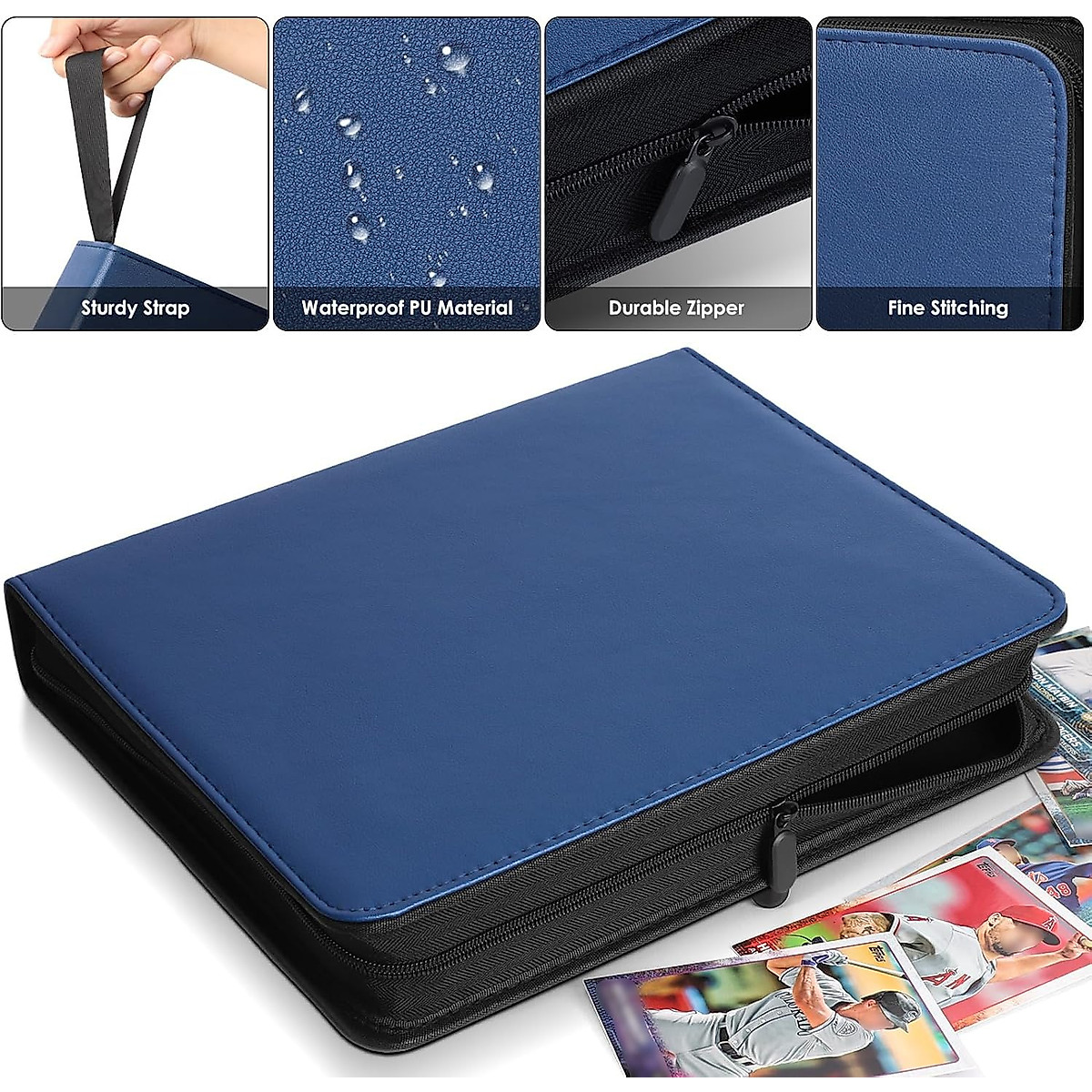 POKONBOY 720 Pockets Trading Card Binder Sleeves Baseball Card Binder Sleeves, Trading Card Holder Carrying Card Case Fit for Baseball Cards, Trading Cards, Football Cards (Blue)