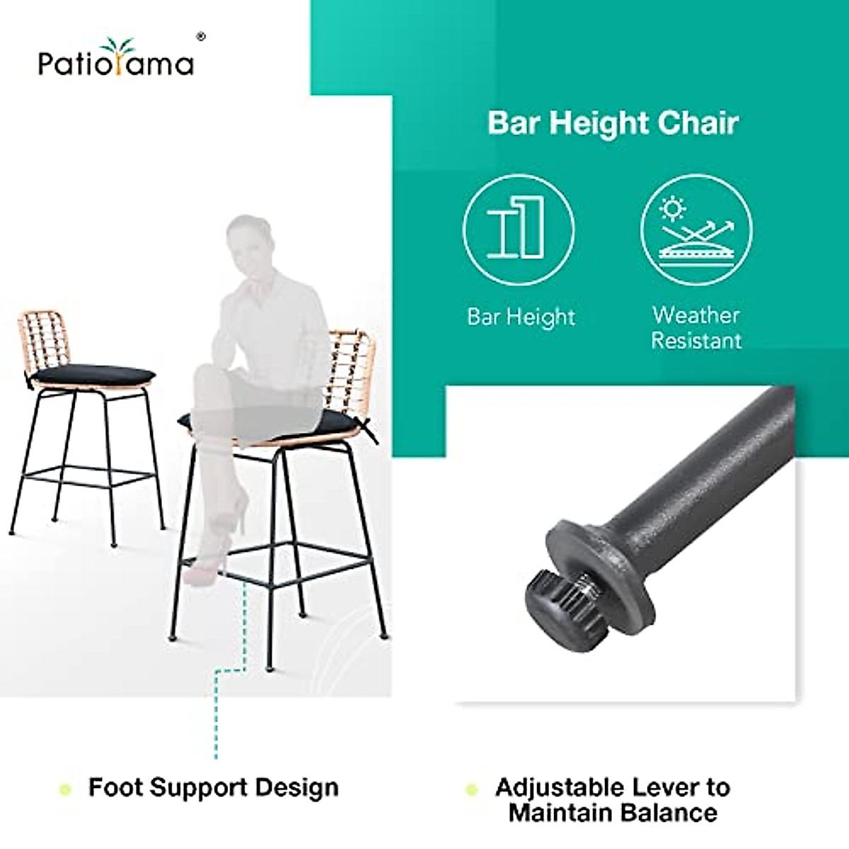 Patiorama Outdoor Bar Stools Set of 2, Patio Counter Height Stools & Bar Chairs w/Footrest, Hand-Woven Armless Beige Rattan Bar Set Patio Furniture for Garden,Pool, Indoor,Cafe,Kitchen(Black Cushion)