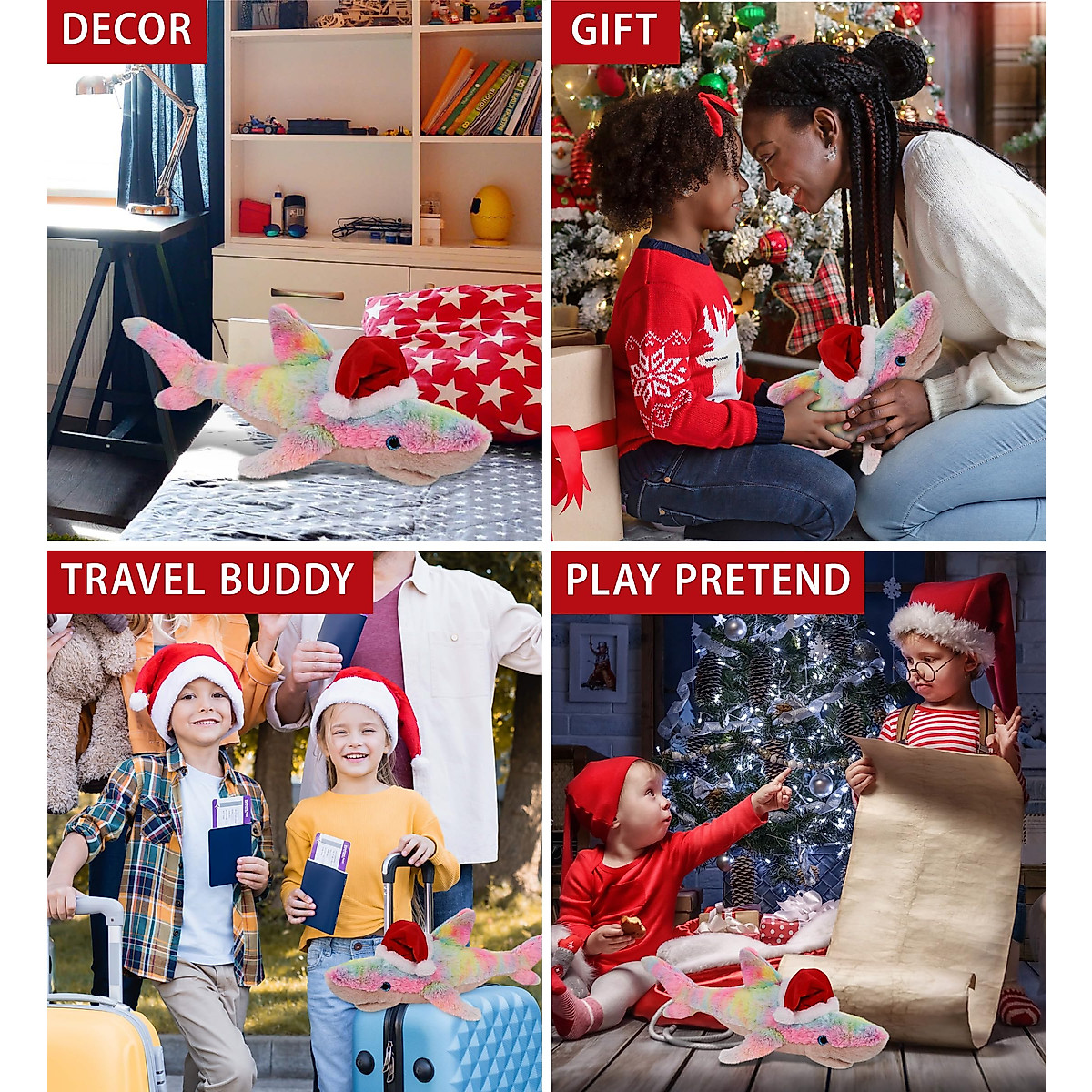 DolliBu Santa Large Rainbow Shark Stuffed Animal Plush Toy - Wild Animal Dress Up with Red Santa Claus Hat, Cute Wildlife Gift, Perfect Holiday with Name Personalization - 23 Inches