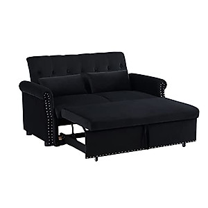 Goohome 55'' Velvet Pull Out Sleeper Sofa, Convertible Futon Couch Bed W/Adjustable Backrests, 3 in 1 Tufted Loveseat with Retro Rivet and 2 Lumbar Pillows, Small Love Seat for Living Room, Black