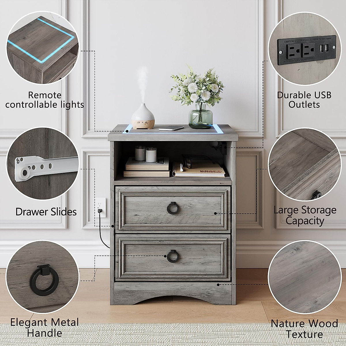 Nightstand with Strip Lights,USB Outlets Set of 2, Night Stand with Drawers, Accent Bed Side Table and End Table with Open Storage for Bedroom, Living Room,Gray