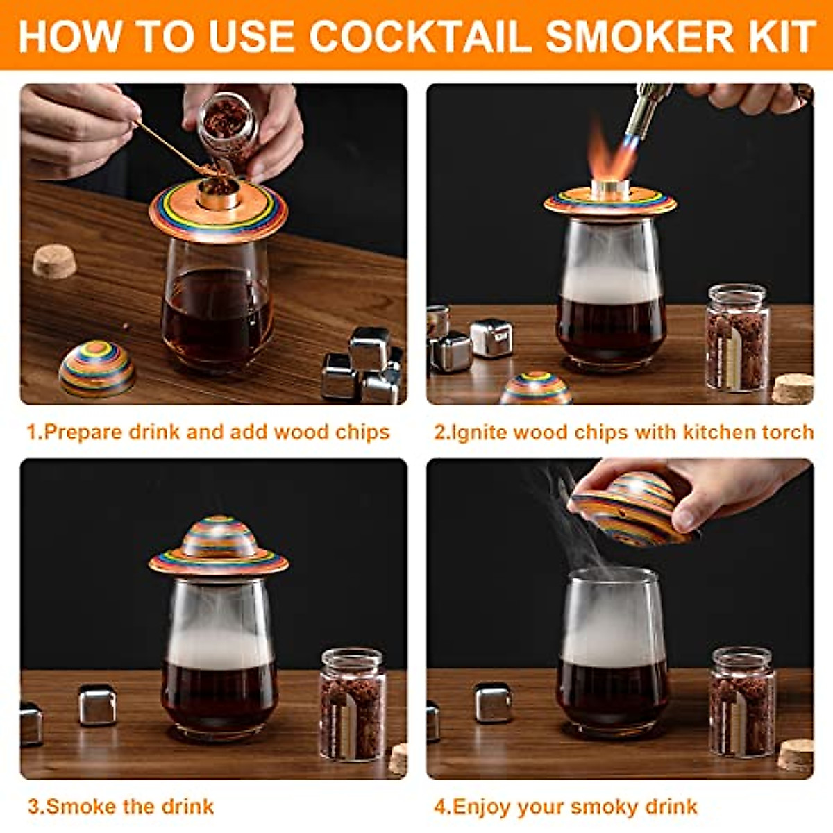 SITOO Cocktail Smoker, Old Fashioned Cocktail Smoker Kit w/Wood Chips, UFO Drink Smoker for Cocktails, Wine, Whiskey and Bourbon (Rainbow Wood)