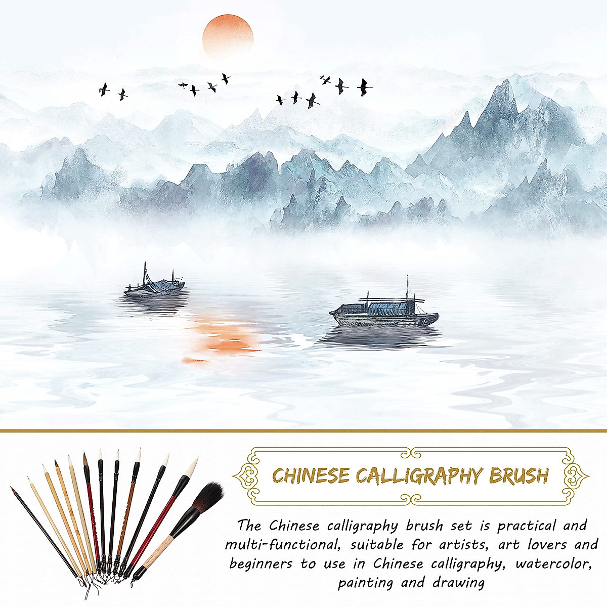 12 Pieces Chinese Calligraphy Brushes Painting Writing Brushes Watercolor Brushes Set Kanji Japanese Sumi Painting Drawing Brushes Kanji Art Brushes with Roll-up Brush Holder