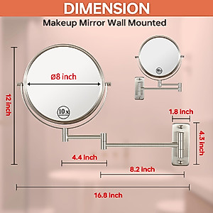 Erlingeryi 8" Wall Mounted Makeup Mirror 1X/ 10x Magnifying Mirror Double Sided Vanity Makeup Mirror for Bathroom Nickel Brush Finish