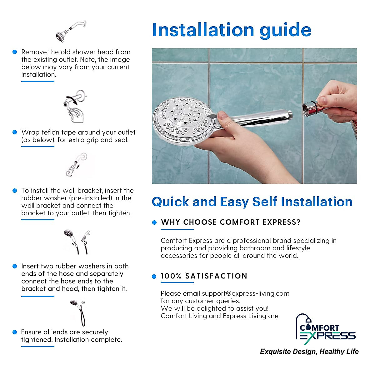 Comfort Express 8 Settings Hand held Shower Head with Hose, High Pressure Shower Head with Adjustable Shower Arm Bracket, Teflon Tap & 59.1in Shower Hose- Durable Showerhead Handheld Polished Chrome