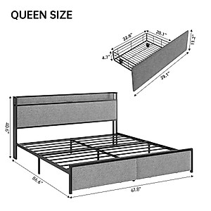 Queen Size Bed Frame with 2 Storage Drawer and Charging Station, Upholstered Platform Bed with Headboard Shelf, USB Port & Outlets, No Box Spring Needed, Easy Assemble, Grey