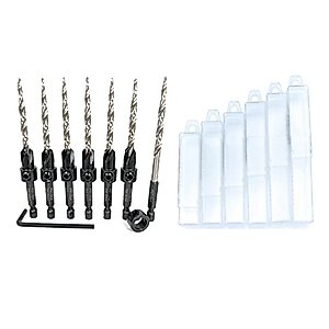 FTG USA Countersink Drill Bit Set 6 Pc #10 (3/16") Wood Countersink Drill Bit, 1 Replacement Tapered Drill Bit, 1 Stop Collar, 1 Hex Wrench, 6 Storage Containers
