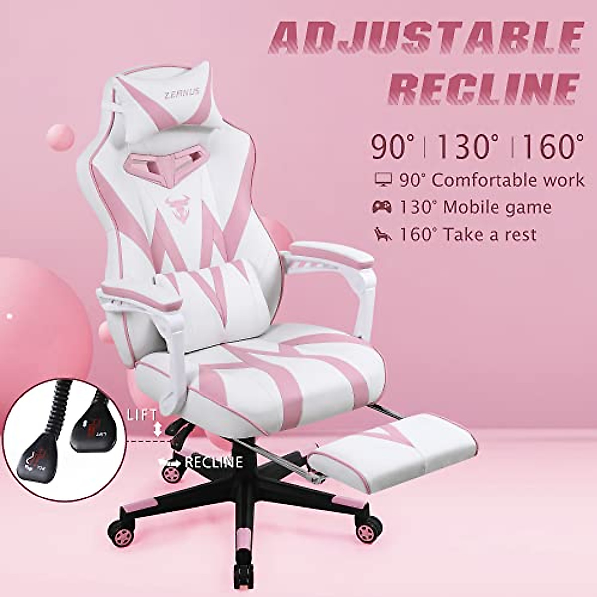 Pink Gaming Chair, Gaming Computer Chair for Girls, Reclining Gamer Chair with Footrest, Ergonomic PC Gaming Chair with Massage, Gaming Desk Chair for Women, High Back Gaming Chairs for Adults (Pink)