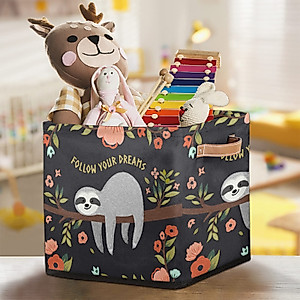 AUUXVA Follow Your Dream Quote Storage Basket for Closet, Cute Sloth Storage Bins with Handles, Foldable Storage Cube Boxes for Toys Shelves Pantry Nursery Organizing