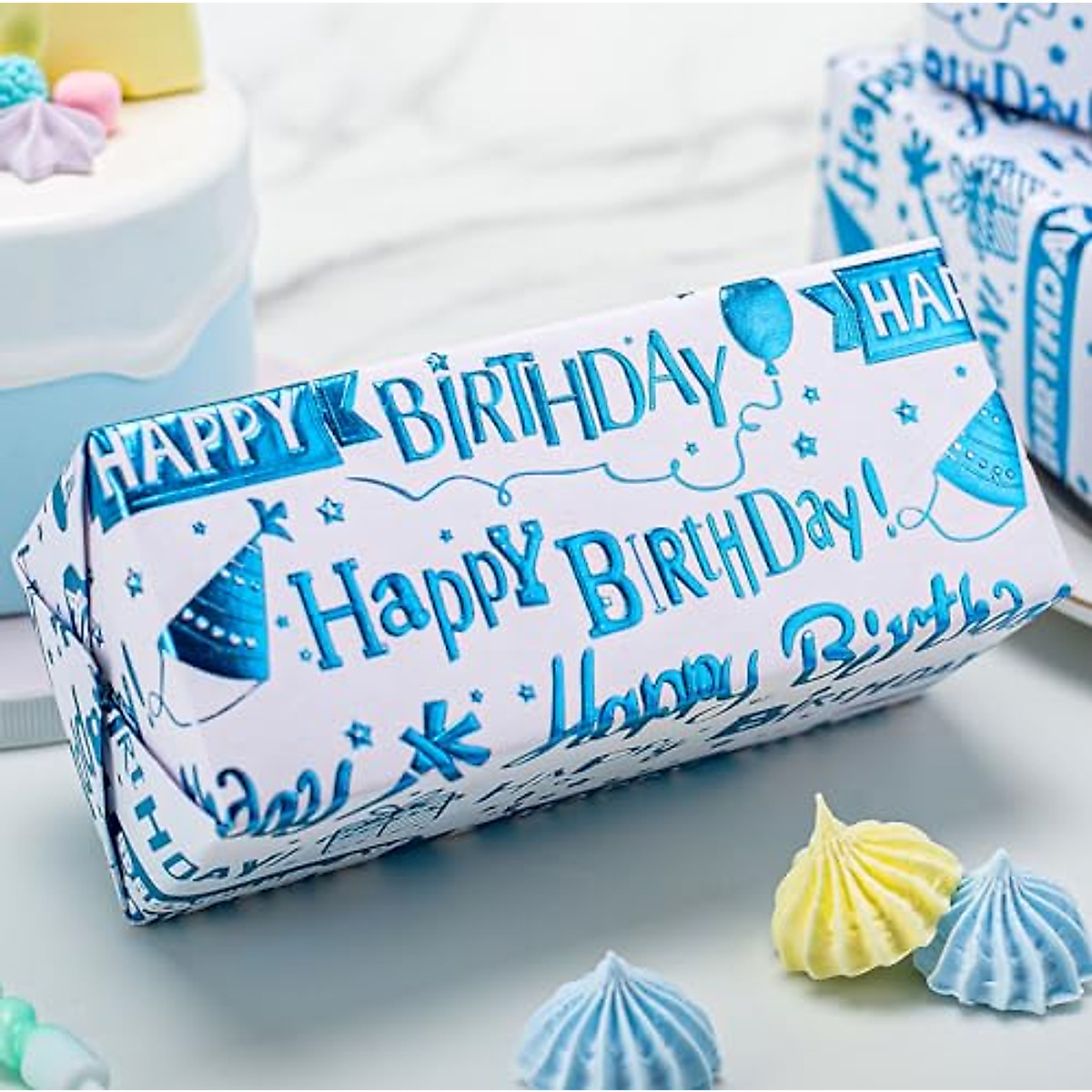Homeral Jumbo Wrapping Paper Roll-37.66sqft(27.6 x 197inch) Blue Foil Birthday Design