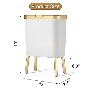 Huaqinglian 4Gallon Bathroom Trash Can with Lid, Small Kitchen Garbage Can,Slim Bedroom Trash bin Wastebasket Plastic for Office/Toilet/Living Room（White with Gold Edge）
