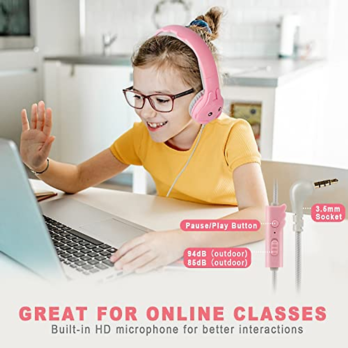 Kids Headphones with Microphone, HD Stereo Safe Volume Limited 85dB/94dB Foldable Lightweight Over Ear Headphone with Audio Sharing Port for Online School/Travel/iPad/PC/Mac/Android/Kindle (Pink B)