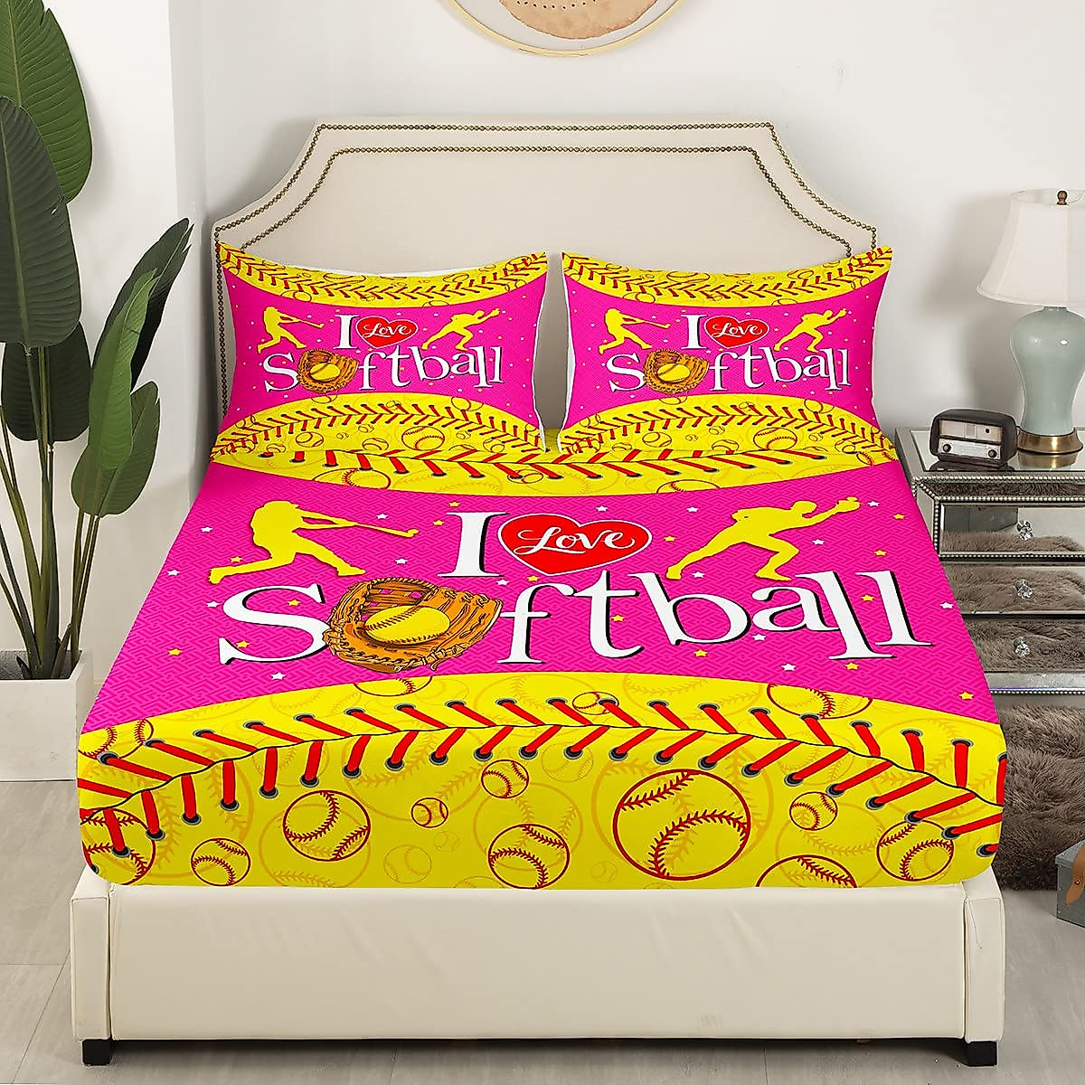 Softball Player Bedding Set Twin Size Sports Softball Bed Set for Girls Teens Bedroom Decor Kids Yellow and Pink Fitted Sheet Soft Microfiber Gaming Bed Cover(1 Fitted Sheet+1 Pillow Case)