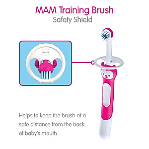 MAM Training Toothbrush for Babies (1 Baby's Brush with Safety Shield), Baby Toothbrush with Brushy The Bear Character, Interactive App, for Boys 5+ Months, Blue