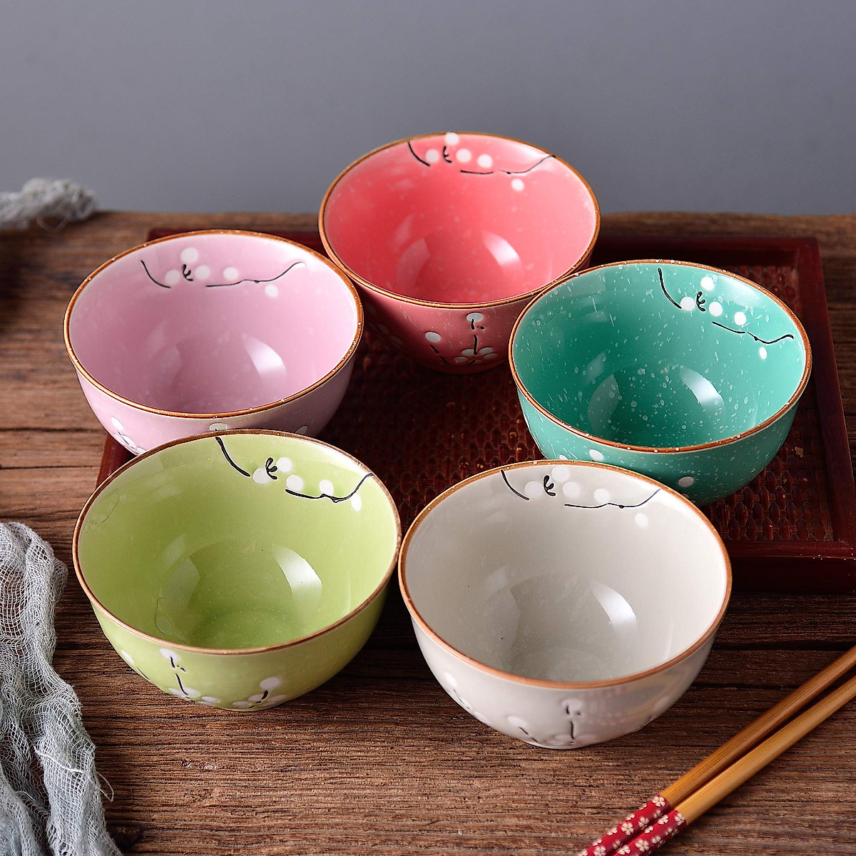 Panbado 5 Pcs Ceramic Bowls Set, 330ml Japanese Style Porcelain Bowls, 5 Colors Rice Bowl Set With White Cherry Blossom Pattern For Dessert Snack Cereal Soup