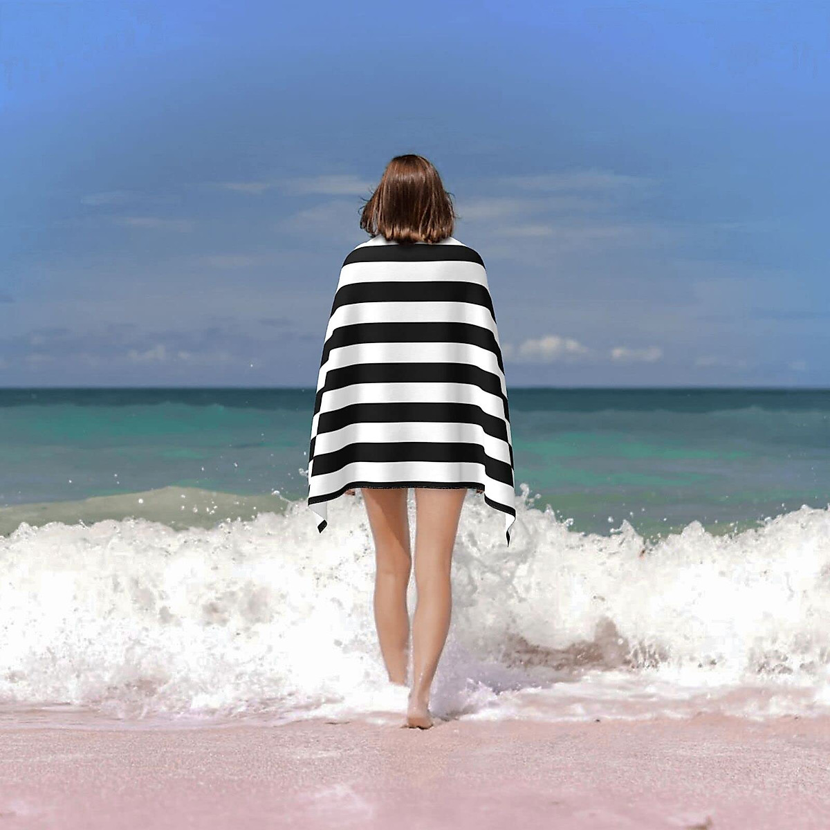 Zeraoke Black & White Stripe Print Soft Beach Blanket, Microfiber Beach Towels for Adults,Super Absorbent Compact Quick Dry Bath Towel, Oversized Shawl Beach Towels for Women Men 32" X 52"