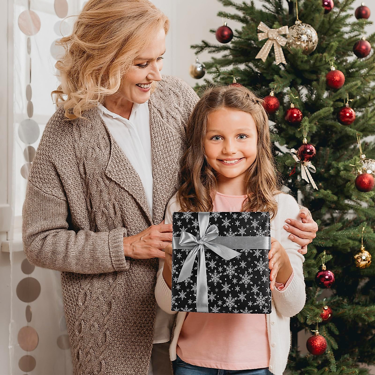 FIEHALA Reversible Christmas Wrapping Paper Jumbo Roll - Black Buffalo Plaid & Snowflakes Patterns - 30 inches x 100 Feet