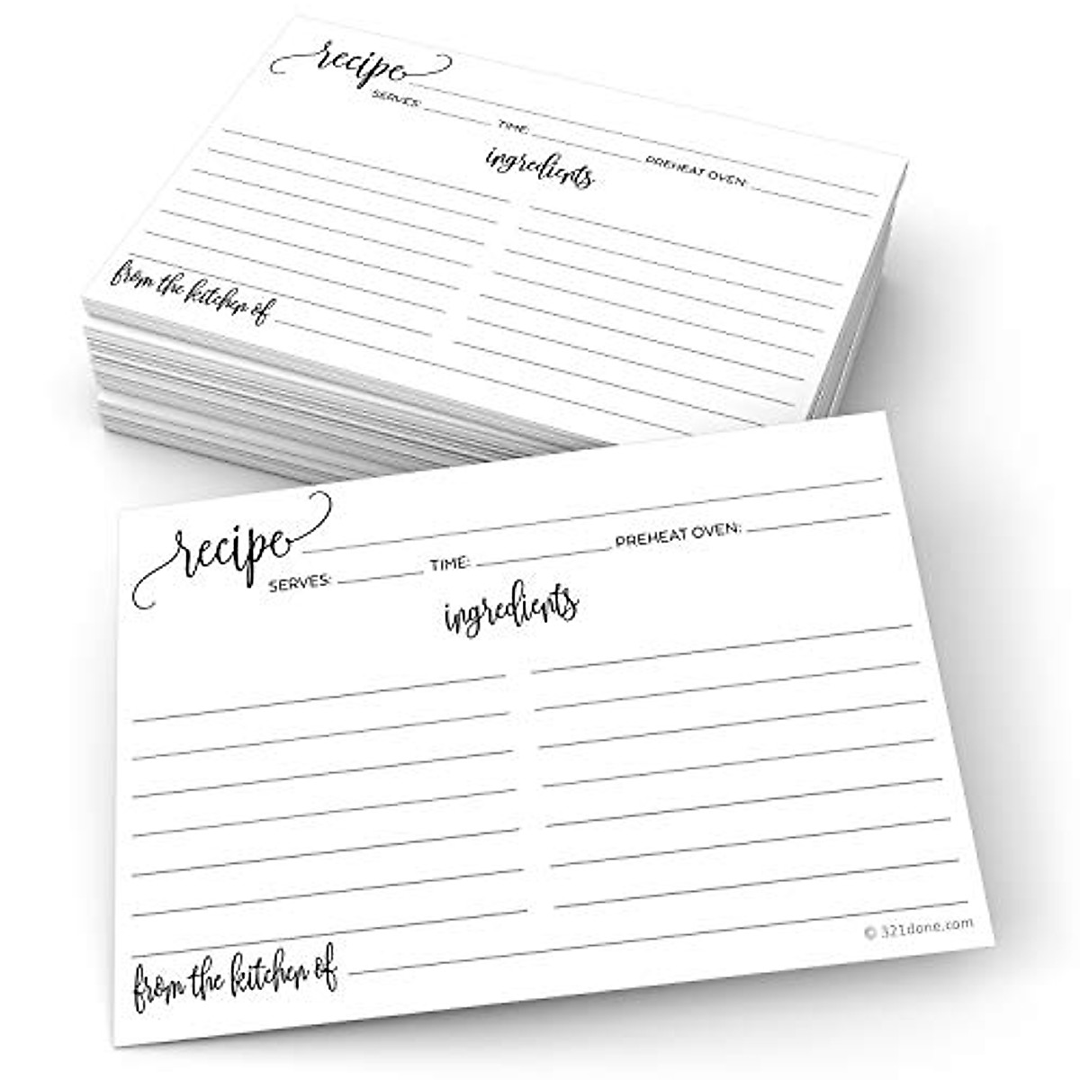 321Done Recipe Cards with From the Kitchen Of (Set of 50) 4" x 6" - Black and White Modern Minimalist, Large Double-Sided for Weddings, Bridal Shower - Made in USA