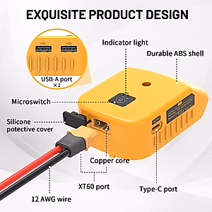 Azocek Multi-Functional USB Charger Adapter & 20V Battery Adapter for Dewalt 20V Battery, with 2 USB Ports & 1 Type-C Fast Charging Ports, with DC XT60 Port for DIY(1-Pack)