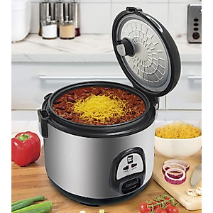 Bene Casa 7 cup stainless-steel thermo rice cooker, stainless steel and black design, cool touch rice cooker, simple operation, dishwasher safe.