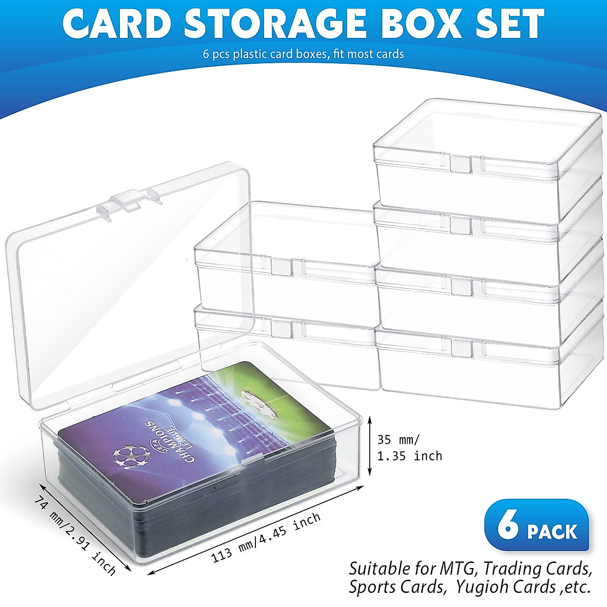 Vicenpal 6 Pcs Playing Card Boxes Clear Plastic Card Deck Cases Trading Card Storage Box Collectible 100 Card Game Card Cases Holder 4.45 x 2.91 x 1.35 Inch Compatible with MTG TCG