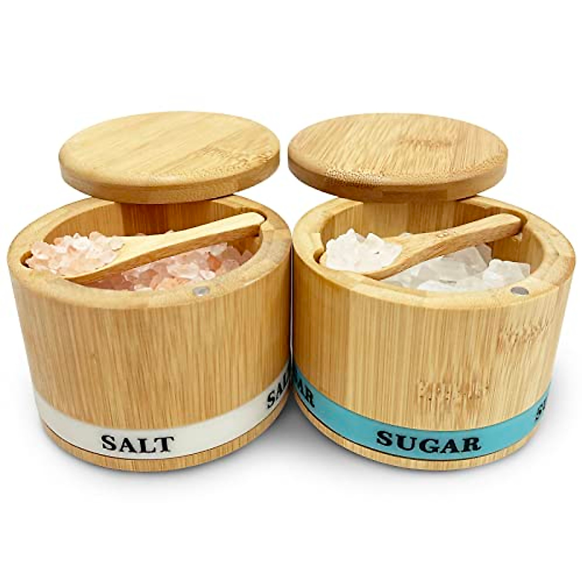ThougrLyh Salt Sugar Container Sets 2 Bamboo Salt and Sugar Bowls with Lid and Spoon Spices Cellar Magnetic Swivel Lid Kitchen Salt Box Holder Sugar Jar 13oz Capacity