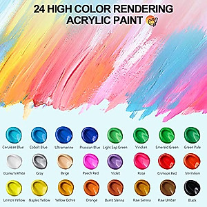 Emooqi Acrylic Paint Set, 24 Rich Paint Colors, with 11 Art Brushes, Paint Palette & Painting Canvas - Quick Dry Paints for Hobby Painters & Kids, Great for Canvas Wood Rock Ceramic Painting.