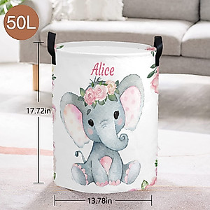 zaaprintblanket Customized Laundry Basket Name Organizer Bin Laundry Hamper with Handle Clothes Hamper for Nursery Clothes Toys Decor(Pink Florals Baby Elephant)