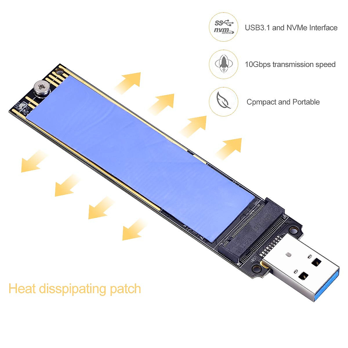 M.2 NVME USB 3.1 Adapter, M-Key M.2 NVME to USB Card Reader USB 3.1 Gen 2 Bridge Chip with 10 Gbps High Performance, Compatible with Samsung 950/960/970 Evo/Pro or Other M.2 SSDs with PCI-E Type