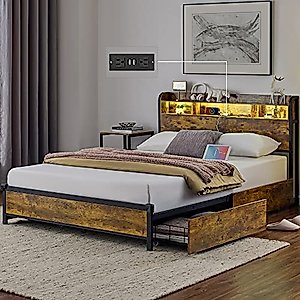 Alohappy Queen Bed Frame with LED Lights and Charging Station, Metal Platform Bed Frame with 2 -Tier Storage Headboard and Drawers, No Box Spring Needed, Easy Assembly, Noise Free