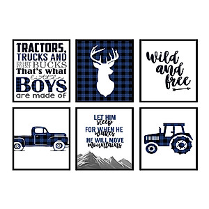 Silly Goose Gifts Navy Blue Buffalo Plaid Deer Tractor Truck Themed Children Wall Decor (Set of Six) Stag Hunting