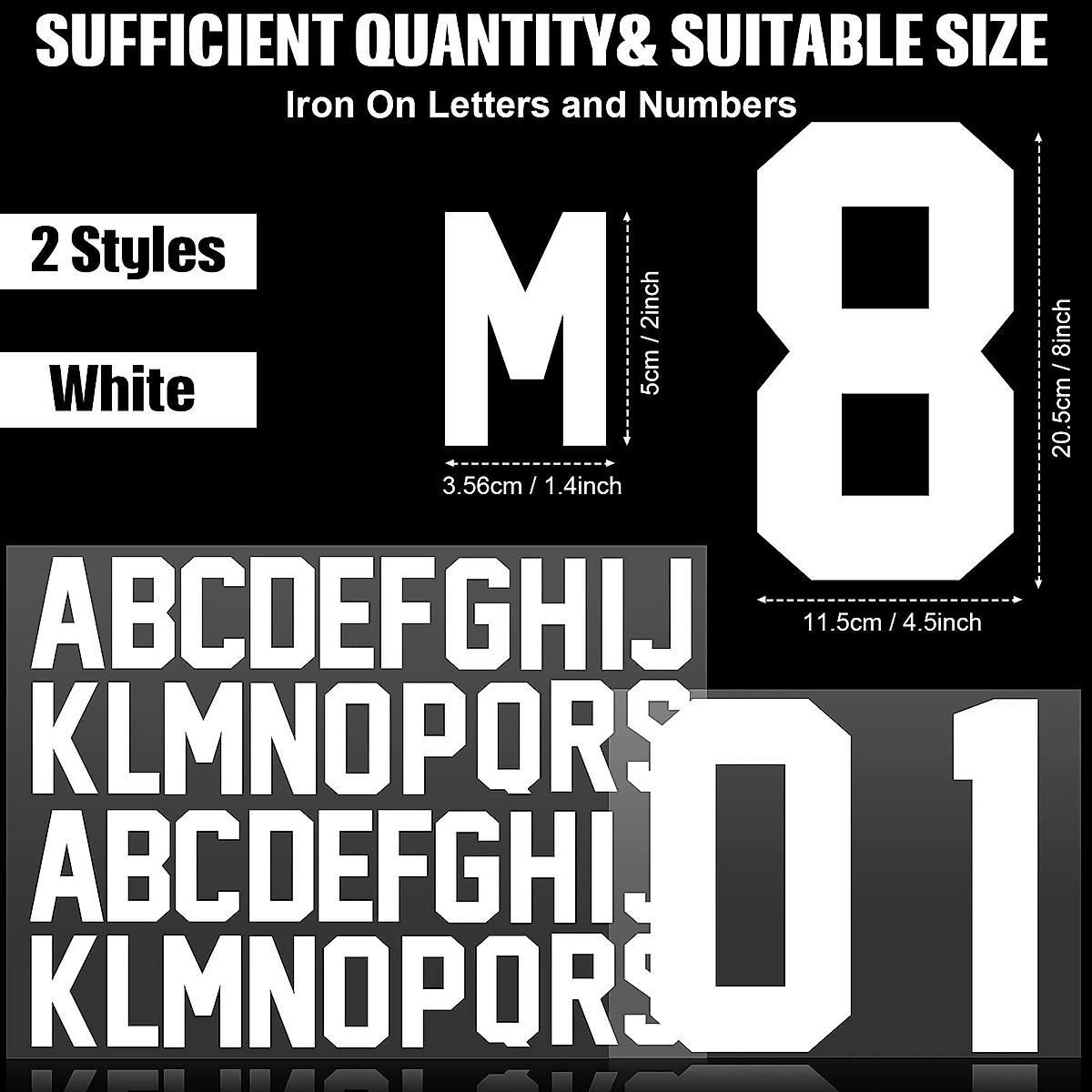 18 Sheets 216 Pieces 8 Inch Iron On Numbers T-Shirt 2 Inch Iron On Letters Patches Kit, 0 to 11 Iron-on Numbers A to Z Heat Transfer Letters for Jersey Football Baseball T-Shirts Team Name (White)