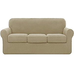 subrtex 4 Piece Sofa Cover High Stretch Couch Slipcover for 3 Cushion Soft Sofa Slipcover Jacquard Fabric Furniture Covers with Elastic Bottom Machine Washable(Sand,Large)