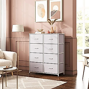 WLIVE Fabric Dresser for Bedroom, Tall Dresser with 8 Drawers, Storage Tower with Fabric Bins, Double Dresser, Chest of Drawers for Kid's Room, Closet, Playroom, Nursery, Dormitory, White